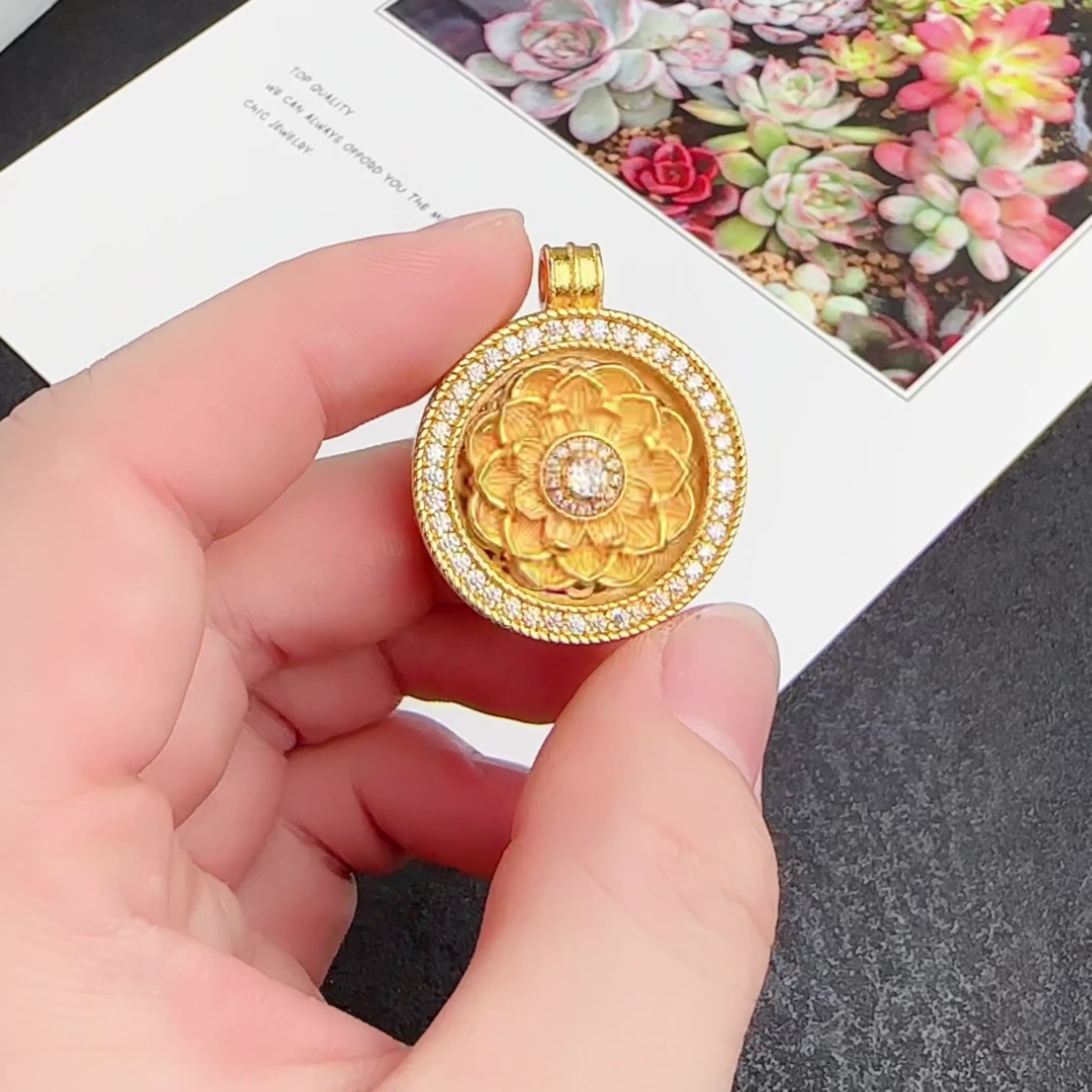 Bohemian Sand Gold Pendant | Rotatable Compass with Lotus & Peony Desi ...